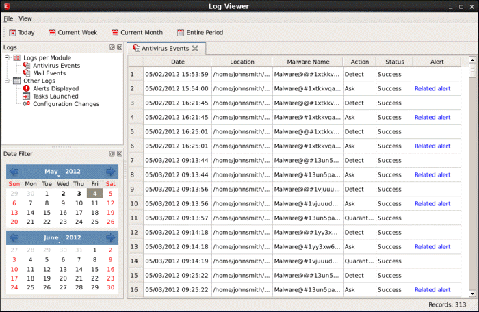 Antivirus Scan Report, Antivirus Events Log, Antivirus Scan | Comodo Antivirus for Linux Version 1.0